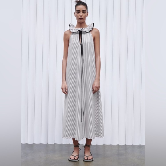 Zara | Dresses | Zara Long Striped Ruffle Collar Dress | Poshmark